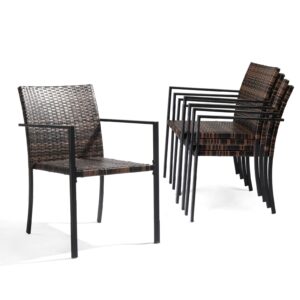 vingli stackable wicker chairs outdoor dining chairs set of 4, all-weather patio ratten chairs furniture for garden porch backyard deck fire pit, capacity 350 lbs, brown