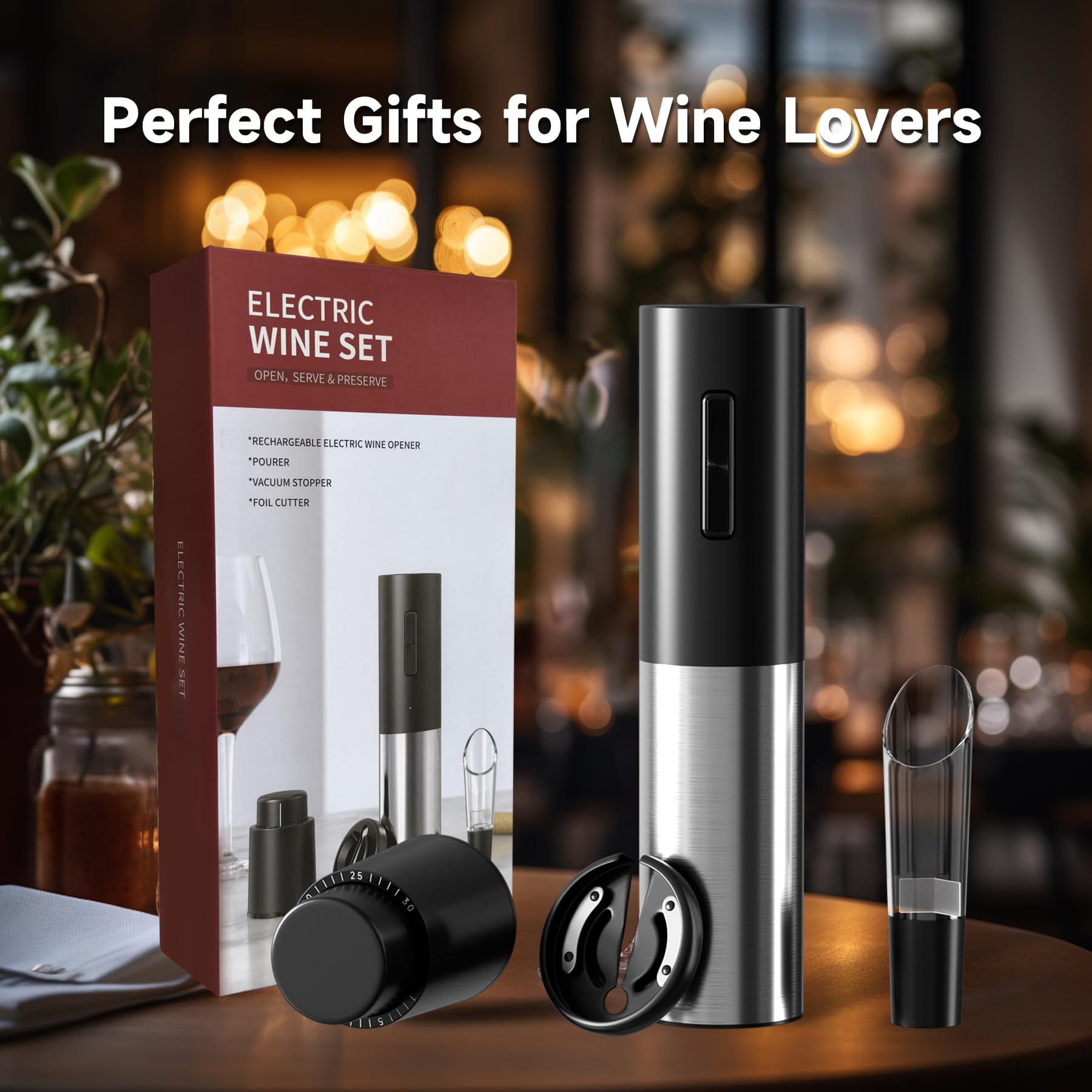 Electric Wine Opener, Automatic Wine Bottle Corkscrew with Air Pump, Foil Cutter, Pourer, Vacuum Stoppers (4PCS)， Professional Easy Rechargeable Vino Opener Set Suitable for Home, Travel