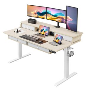 ergear standing desk with drawers, 55 x 30 inches height adjustable desk with storage, electric sit stand desk, 4 memory preset computer home office desk with cable management tray, natural