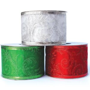 christmas ribbon for gift wrapping green & red wired ribbons silver sheer wire organza set present wrap around, xmas tree decor crafts floral arrangement supplies & decoration 50 yards