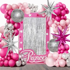 hot pink silver balloon arch kit, silver disco ball foil curtains and explosion star foil balloon for girl's 15/16/30th birthday princess 2024 graduation decorations