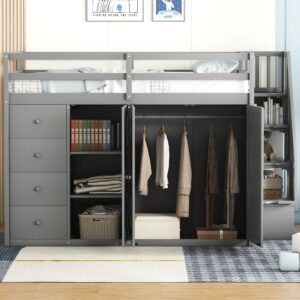 harper & bright designs full size loft bed with stairs, wood loft bed with 2 wardrobes, full loft bed with storage drawers and cabinet, high loft bed frame for kids teens adults, grey