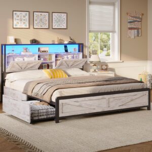 bthfst queen bed frame with headboard & drawers, farmhouse led queen bed with usb-c/a charging station, headboard with hidden storage, no box spring needed, washed oak grey