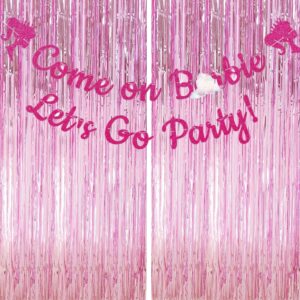 come on, let's go party banner with fringe curtains, pink bachelorette party decorations, pink themed bachelorette backdrop disco party decorations pink glitter (metallic pink)