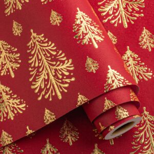 flyhill kraft christmas wrapping paper-17inch*32.8ft（46.8sq.ft.ttl per roll- red and gold 3d embossed foil christmas trees design for new year,birthday,party,craft & art