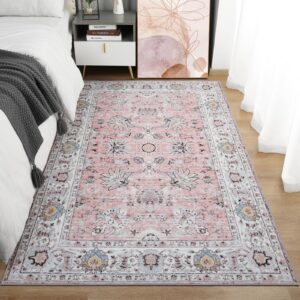 ultsofe machine washable rug 4x6 boho area rug, pink rugs for bedroom girls bedside living room dining room office, anti slip low-pile stain resistant printed vintage floral carpet