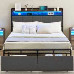 idealhouse full bed frame with 2-tier storage headboard, upholstered platform bed frame with 2 storage drawers, built in charging station & led, noise-free/metal support/no box spring needed, grey