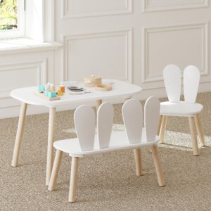 utex kids table and chair set, toddler table with bunny chair and bench, 3 pieces wooden children table for kids room, classroom, nursery, white