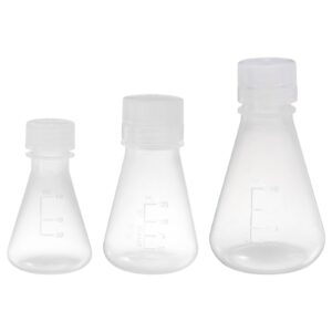 patikil erlenmeyer flask, 3 pcs 50ml 125ml 250ml narrow mouth graduated flasks with screw cap plastic flasks with printed graduation for lab experiment chemistry science study