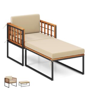 tangkula outdoor chaise lounge chair, acacia wood heavy duty 1200 lbs weight capacity wooded patio chair and ottoman set for backyard, poolside, garden deck or balcony