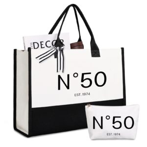 lamyba 50th birthday gifts for women canvas beach tote bag with makeup bag for wife/mom/friends/sister 50th birthday present, n°50 est 1974