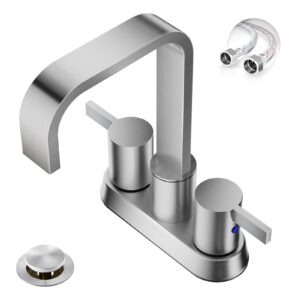 phiestina waterfall bathroom sink faucet, brushed nickel 4 inch 2 or 3 hole centerset rv bathroom faucet, with swivel 360 degree spout, metal pop-up drain and water supply lines, bf040b-1-bn