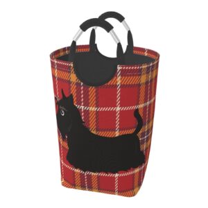 amabcdet collapsible laundry basket with aluminum handle, 50l large capacity waterproof red plaid black scottish terrier pattern dirty clothes hamper for bedroom bathroom living room