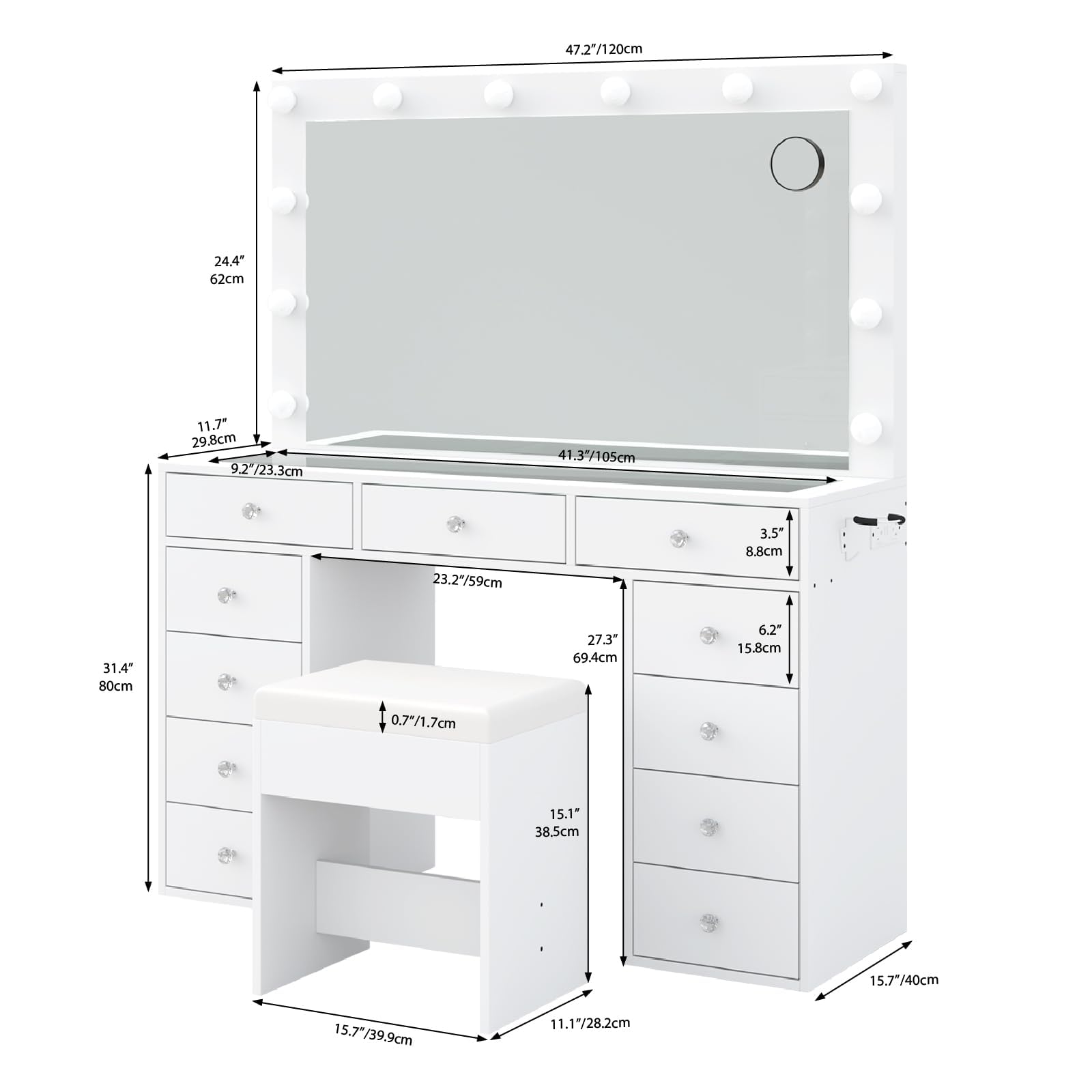 Yanosaku Vanity Desk & Power Outl, Makeup Vanity with Mirror and 12 LED Lights, Makeup Table with 11 Drawers, Vanity Table with Chair，Vanity Set 3 Lighting Modes Brightness Adjustable-(White)