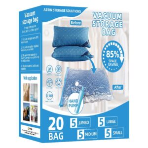 20 pack vacuum storage bags, space saver bags (5 jumbo/5 large/5 medium/5 small) hand pump included, for comforters and blankets, sealer clothes storage