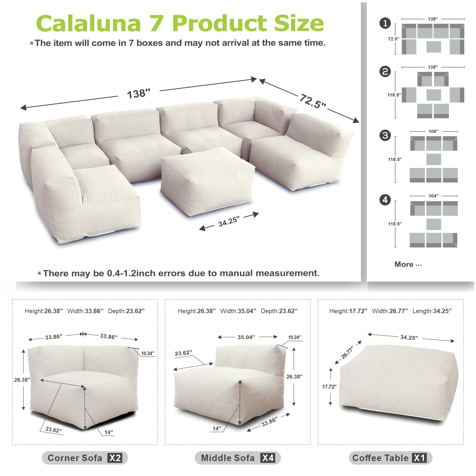 Dineli ANNYH CALALUNA 7Pc Patio Garden Furniture Sectional Conversation Set.Combines 4Middle, 2Corner, 1Ottoman/Coffee Outdoor Exp Foam Filled Chairs. A Unique Modular Contemporary Sofa (Sand Beige)