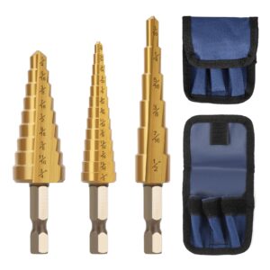 step drill bit set, 3pcs hss titanium coated high speed steel step bits covering 28 sizes (1/8"-3/4") for wood, plastic, sheet metal with portable bag, nice gift for diy lovers