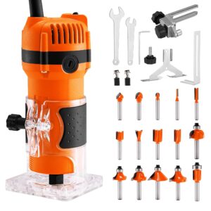 silvel wood router, 800w wood routers for woodworking, 6.5amp 1.25hp hand wood router tool, 30000r/min compact edge trimmer with 15 1/4" router bit set, orange