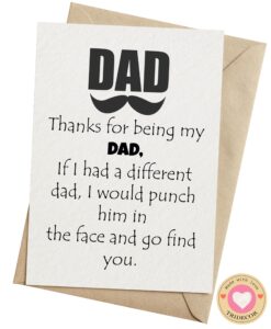 thanks for being my dad card - fathers day card from son, daughter, kids, birthday card - size 5x7 inch folded card include envelope, sticker - blank inside - funny, unique & romantic card