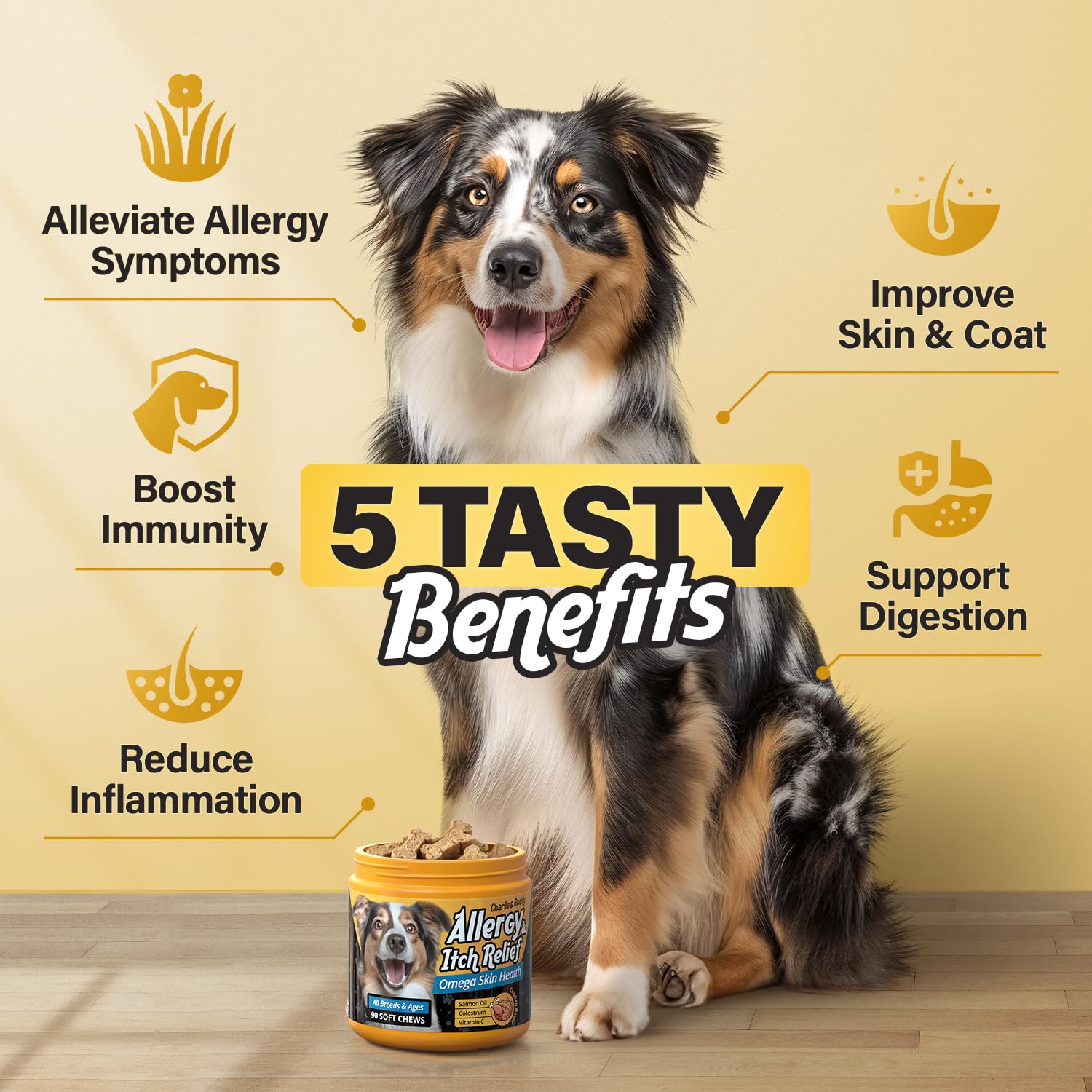 Dog Allеrgy Relief Chews, Immunе Support & Itсh Rеlief for Dogs, Skin and Coat Supplements with Omega 3 Fish Oil, ACV, Vitamin C, & Probiotics for Dogs, 90 Soft Chews, Chicken Flavor, Wrap