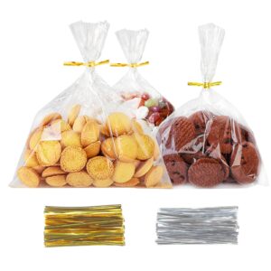 200 pcs 2.8mils cellophane treat bags 4x6 inches clear cellophane gift bags with 4" twist ties, clear goodie bags, cookie bags, candy bags, plastic bags for treats gifts giving birthday party favors