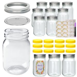 accguan mason jars 16 oz with lids,glass jar with regular lids and bands ideal for jam,honey,shower/wedding favors, clear, 12 pack,two types of lids