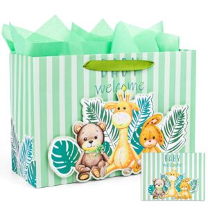 johouse baby gift bag, 13" green gift bag with tissue paper ribbon handle and greeting card for gender reveal party baby shower newborn 1st birthday