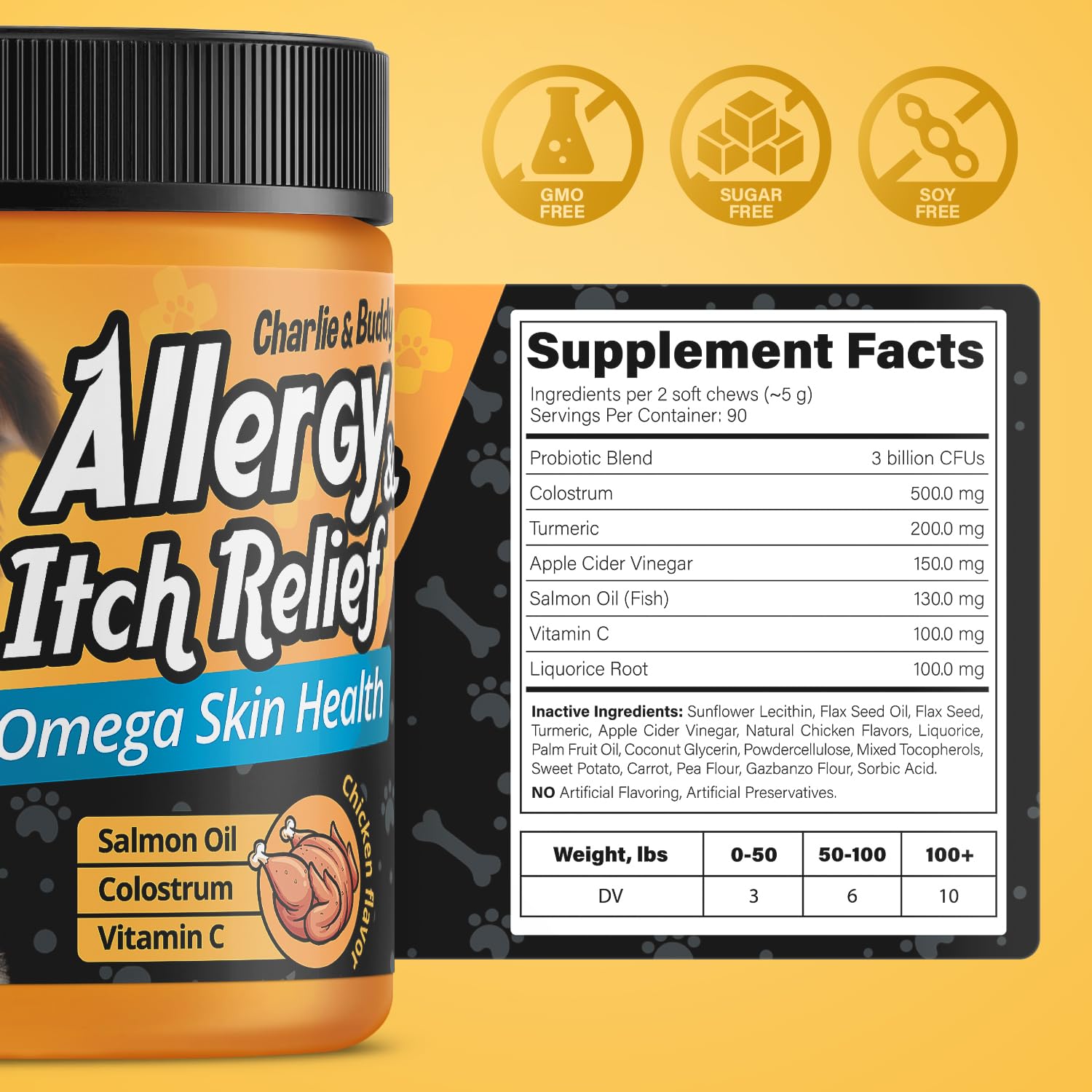 Dog Allеrgy Relief Chews, Immunе Support & Itсh Rеlief for Dogs, Skin and Coat Supplements with Omega 3 Fish Oil, ACV, Vitamin C, & Probiotics for Dogs, 90 Soft Chews, Chicken Flavor, Wrap