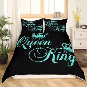 feelyou crown queen and king couple duvet cover set his and hers bedding set for teens women men black teal king size,lover romantic valentine's day decorations bedspread cover (no glitter)