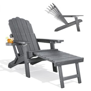 qsun adjustable backrest folding adirondack chair with ottoman & 2 cup holders, hips weather resistant adirondack chair, outdoor fire pit chair for beach, pool, deck, porch, yard, lawn, grey