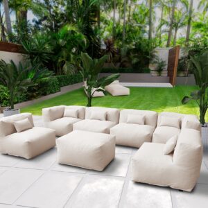 Dineli ANNYH CALALUNA 7Pc Patio Garden Furniture Sectional Conversation Set.Combines 4Middle, 2Corner, 1Ottoman/Coffee Outdoor Exp Foam Filled Chairs. A Unique Modular Contemporary Sofa (Sand Beige)