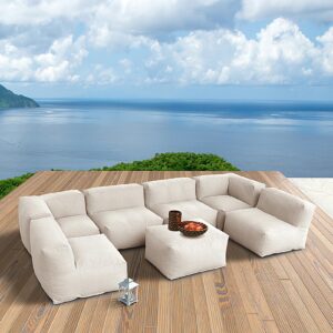 dineli annyh calaluna 7pc patio garden furniture sectional conversation set.combines 4middle, 2corner, 1ottoman/coffee outdoor exp foam filled chairs. a unique modular contemporary sofa (sand beige)