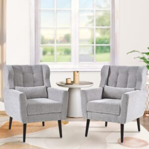 qkff accent chair set of 2, upholstered armchair with pillow, fabric single sofa chair with lounge seat and wood legs accent chair for living room small spaces (grey, set of 2)