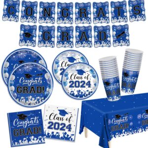 graduation plates and napkins 2024 graduation decorations class of 2024 blue silver graduation party supplies cups tablecloth banner dineware for congrats grad party decorations serve 25