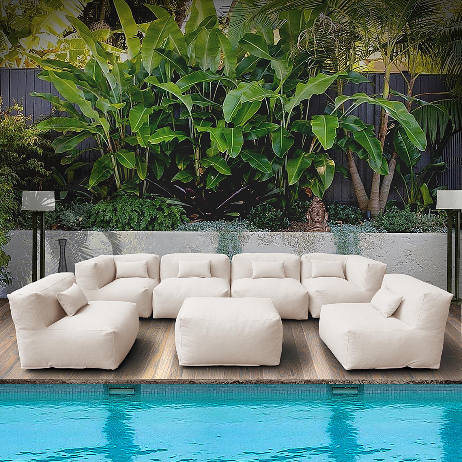 Dineli ANNYH CALALUNA 7Pc Patio Garden Furniture Sectional Conversation Set.Combines 4Middle, 2Corner, 1Ottoman/Coffee Outdoor Exp Foam Filled Chairs. A Unique Modular Contemporary Sofa (Sand Beige)