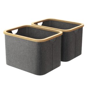 2 pack large storage basket for organizing, collapsible fabric storage bins with bamboo handles, closet storage basket for organizing toy books towel and clothes(grey) 17.7 × 13.7 × 12inch