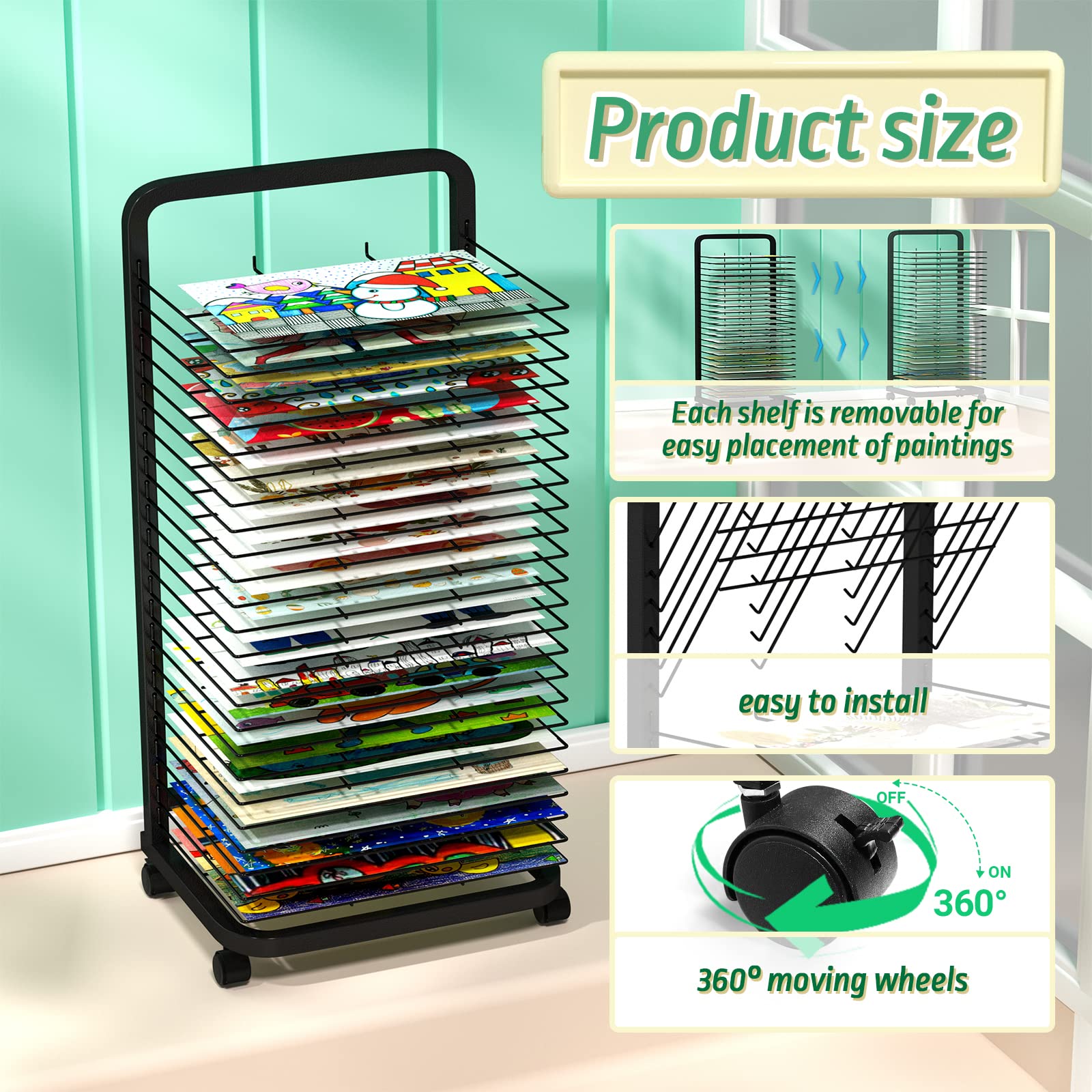 ZXMT Art Drying Rack Steel Drying Painting Racks 25 Shelves, 17x16x35Inches Double Sided Wire Drying Shelf for Classrooms, Art Studio,Art Clubs