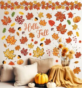 jarthenaamcs 9 sheet thanksgiving wall stickers fall adhesive oil painting maple leaf pumpkin acorn wall decals removable mural wall decor for home classroom autumn supplies