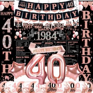 cocomigo 40th birthday decorations woman, 1984 40th birthday banner, rose gold 40th birthday decorations 40th birthday sash 40th birthday balloons hanging swirls 40th birthday decorations