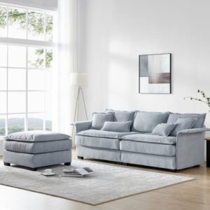 deinppa sectional sofa with bentwood armrests, modern deep seat sofa couch with ottoman, tech cloth upholstered sleeper sofa, comfy furniture for living room, apartment, studio, office-blue