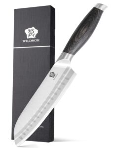 wildmok 7 inch santoku knife, japanese chef knife -ultra sharp kitchen chopping knife, german stainless steel chef knife with pakka wood handle, gift box