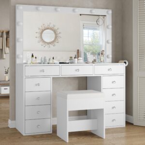 Yanosaku Vanity Desk & Power Outl, Makeup Vanity with Mirror and 12 LED Lights, Makeup Table with 11 Drawers, Vanity Table with Chair，Vanity Set 3 Lighting Modes Brightness Adjustable-(White)