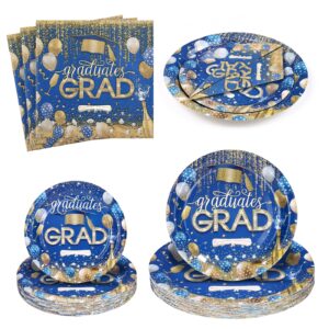 gwhole grad party plates and napkins, class of 2024 plates and napkins, blue paper plates, graduation paper products for backyard graduation party, serve 24