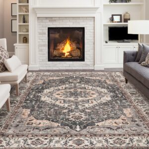 8x10 washable area rugs, boho rug with non-slip backing non shedding rugs for living room bedroom kitchen entryway distressed vintage low pile rug (8 x 10 brown multi)