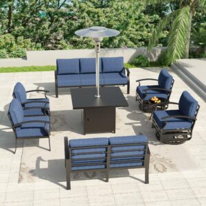 kullavik aluminum patio furniture set,8 pieces 9 seat metal outdoor furniture conversation set w/patio square table heater &swivels,navy blue