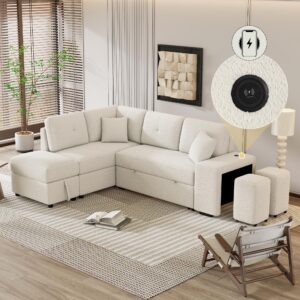 mikibama 88" convertible sleeper sectional pull out sofa bed with storage ottoman, 2 stools, wireless charger and 2 hidden usb ports, 4 seat l shape couch for living room, apartment, cream