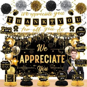 we appreciate you decorations black gold thank you for all you do banner honeycomb centerpieces hanging swirls employee staff appreciation gifts pastor teacher appreciation fathers day party decor