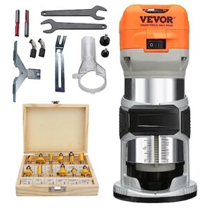 vevor wood router, 1.25hp 800w, compact wood trimmer router tool, 30000rpm max speed 6 variable speeds, with 1/4'' & 5/16'' collets 12 pcs milling cutters dust hood, for woodworking slotting trimming