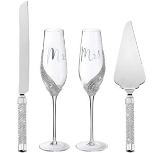 sratte 4 pcs wedding cake knife and champagne flutes server set, toasting crystal rhinestone champagne flutes glasses cake knife pie server wedding gifts for couple bride groom (silver,classic)