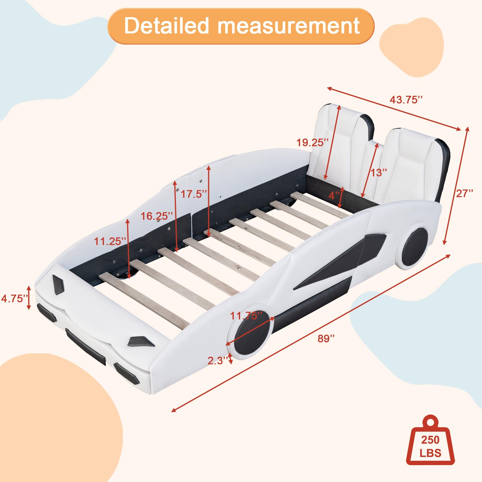 ROCKINGRUN Twin Size Bed Frame for Kids, Race Car-Shaped Wooden Platform Bed with Guardrail and Upholstered Headboard, Wheels and Support Slats, for Boys Girls Child's Bedroom, No Spring Need (White)